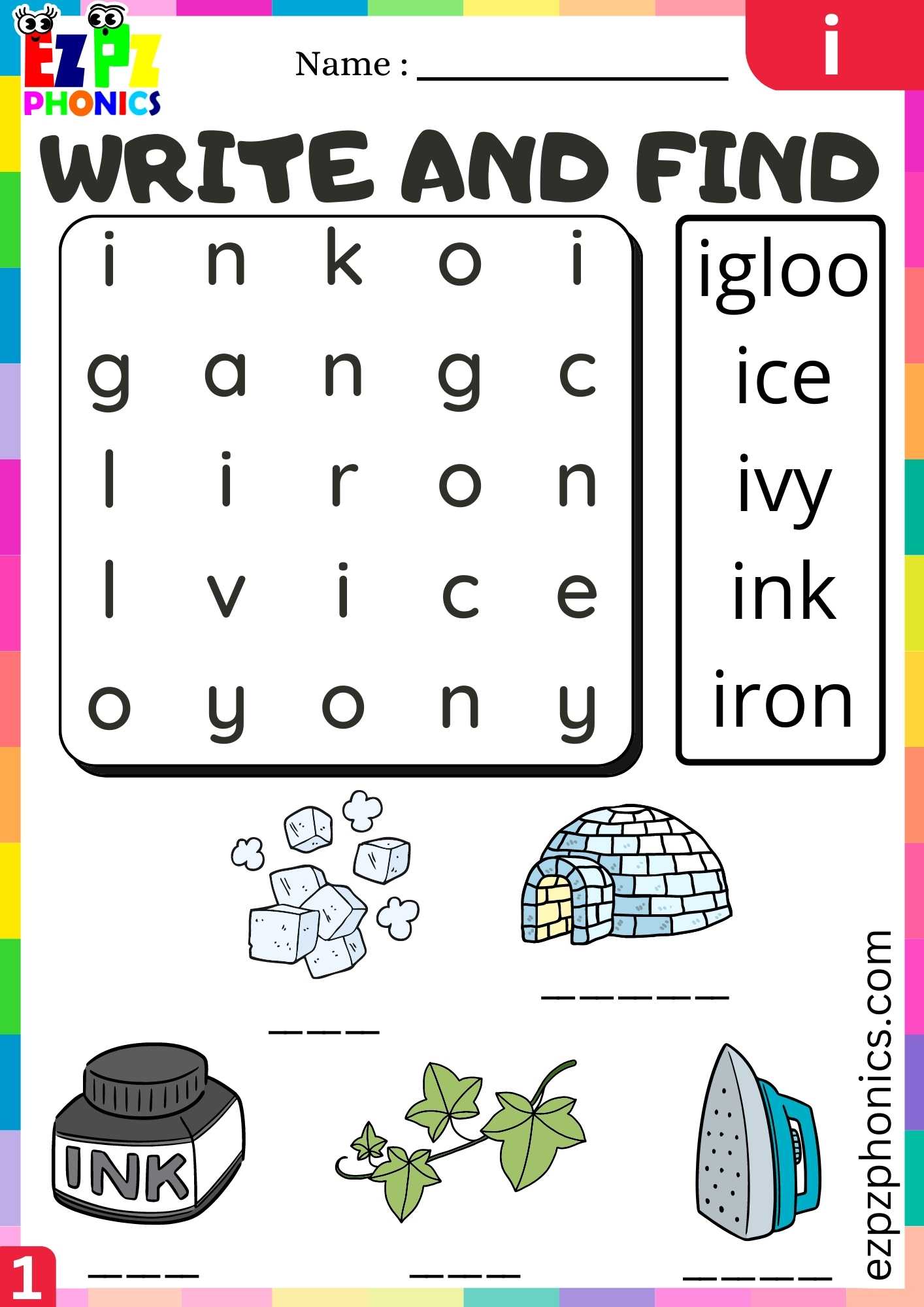 Letter I Write And Find Beginning Sounds Worksheet - ezpzphonics.com